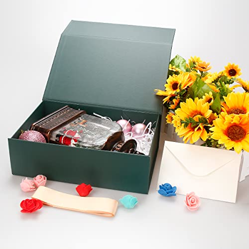 MONDEPAC Gift Box 11x7.5x3.5 Inches,Forest Green Gift Box with Magnetic Lid，Large Gift Box Contains Card, Ribbon, Shredded Paper Filler Gift Box for Valentine's Day Gift Packaging