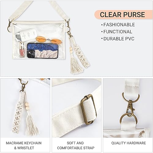 Mkono Clear Bag Stadium Approved, Small Purse for Women with Macrame Wristlet Transparent Concert Crossbody Bag for Sport Events Festival Concert Park