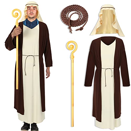 3 Pcs Halloween Jesus Costume Adult Saint Biblical Religious Costume for Men Pharaoh Costume Tan Robe Headband Shepherd Staff (X-Large)