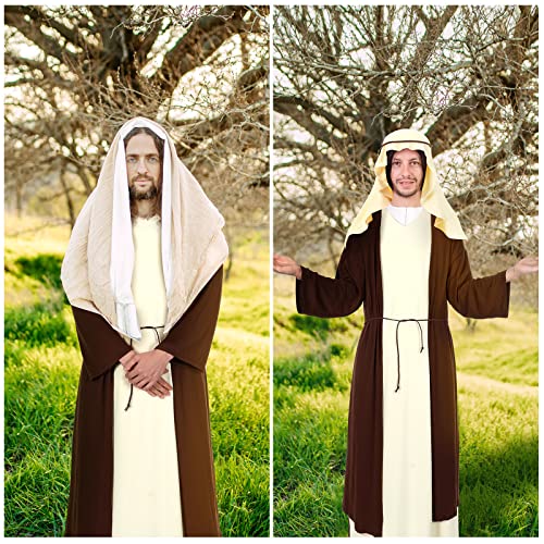 3 Pcs Halloween Jesus Costume Adult Saint Biblical Religious Costume for Men Pharaoh Costume Tan Robe Headband Shepherd Staff (X-Large)