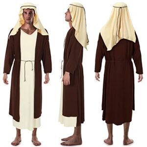 3 Pcs Halloween Jesus Costume Adult Saint Biblical Religious Costume for Men Pharaoh Costume Tan Robe Headband Shepherd Staff (X-Large)