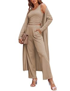 ekouaer women's 3 piece knit lounge set sweatsuit khaki