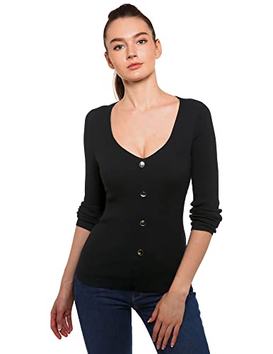 AmélieBoutik Women V Neck Long Sleeve Button Embellished Pullover Sweater (Black Medium)