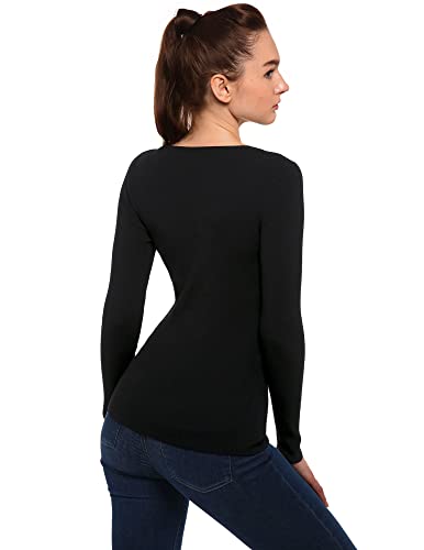 AmélieBoutik Women V Neck Long Sleeve Button Embellished Pullover Sweater (Black Medium)