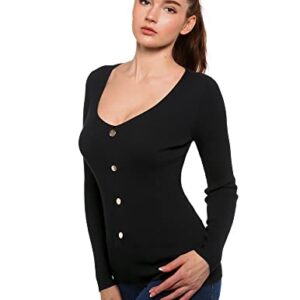 AmélieBoutik Women V Neck Long Sleeve Button Embellished Pullover Sweater (Black Medium)