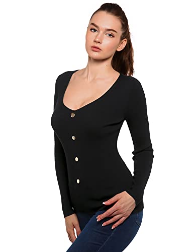 AmélieBoutik Women V Neck Long Sleeve Button Embellished Pullover Sweater (Black Medium)