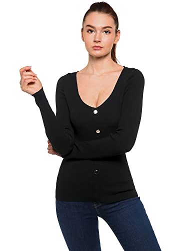 AmélieBoutik Women V Neck Long Sleeve Button Embellished Pullover Sweater (Black Medium)