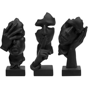 prosfalt 3 pcs thinker statue, silence is gold abstract art figurine, no hear no see no speak modern home resin sculptures decorative objects decor for home office bookshelf desktop(black) (a-41)