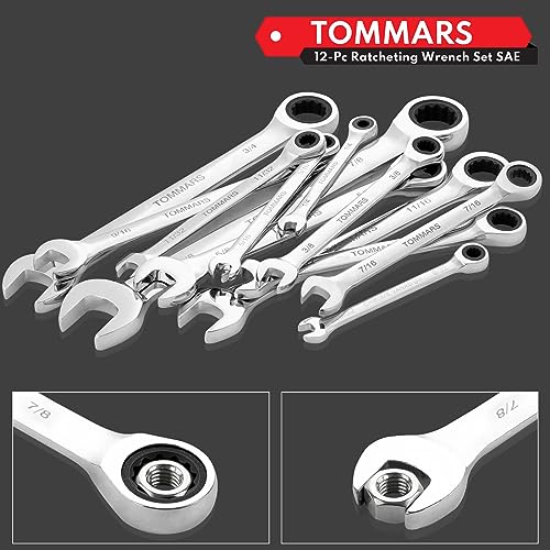 TOMMARS SAE Ratcheting Wrench Set, 1/4" - 7/8", 12-Pc Head Ratchet Combination Combo Socket Wrenches, Cr-V Steel