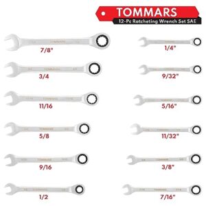 TOMMARS SAE Ratcheting Wrench Set, 1/4" - 7/8", 12-Pc Head Ratchet Combination Combo Socket Wrenches, Cr-V Steel