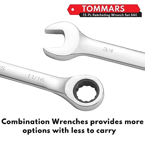 TOMMARS SAE Ratcheting Wrench Set, 1/4" - 7/8", 12-Pc Head Ratchet Combination Combo Socket Wrenches, Cr-V Steel