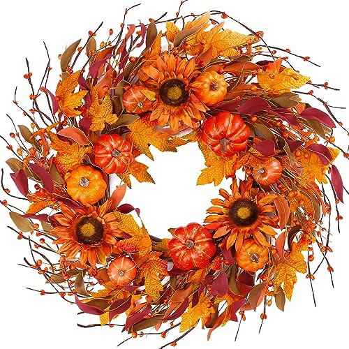 Sggvecsy Fall Wreath 22’’ Autumn Front Door Wreath Harvest Wreath with Pumpkin Sunflower Berry Maple Leaves Fall Decorations for Outside Indoor Wall Window Festival Thanksgiving Fall Autumn Decor