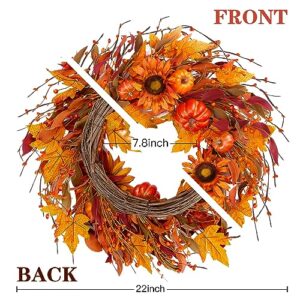 Sggvecsy Fall Wreath 22’’ Autumn Front Door Wreath Harvest Wreath with Pumpkin Sunflower Berry Maple Leaves Fall Decorations for Outside Indoor Wall Window Festival Thanksgiving Fall Autumn Decor