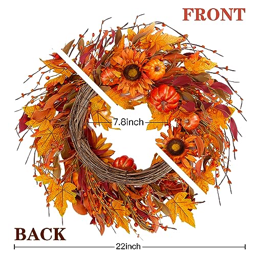 Sggvecsy Fall Wreath 22’’ Autumn Front Door Wreath Harvest Wreath with Pumpkin Sunflower Berry Maple Leaves Fall Decorations for Outside Indoor Wall Window Festival Thanksgiving Fall Autumn Decor