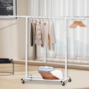 Fishat Freestanding Heavy Duty Metal Clothing Garment Rack Hanging Clothes on Lockable Wheels Mobile for Coats Dresses, Dorm Bedroom Home Balcony, Rolling Organizer Simple Standard Rod Portable, White