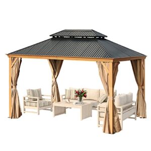 BPS 12' X 16' Hardtop Gazebo Outdoor Aluminum Wooden Grain Coated with Netting Curtain for Patio, Garden, Yard and Party