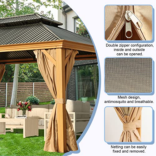 BPS 12' X 16' Hardtop Gazebo Outdoor Aluminum Wooden Grain Coated with Netting Curtain for Patio, Garden, Yard and Party