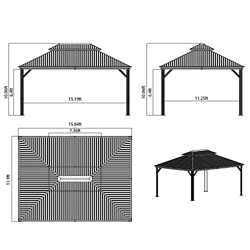 BPS 12' X 16' Hardtop Gazebo Outdoor Aluminum Wooden Grain Coated with Netting Curtain for Patio, Garden, Yard and Party