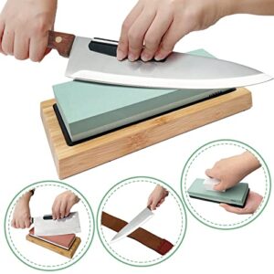 Zalaxt 9 PCS Knife Sharpening Kit, 4 Side Grit Professional Sharpening Stone Whetstone 400 1000 3000 8000 Grit, Flattening Stone, Angle Guide, Leather Strop Whetstone Sharpening Kit