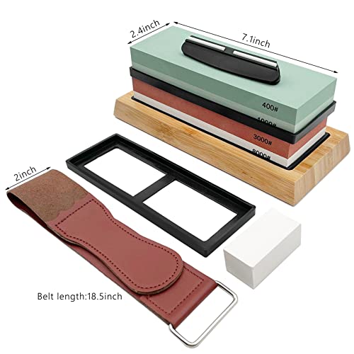 Zalaxt 9 PCS Knife Sharpening Kit, 4 Side Grit Professional Sharpening Stone Whetstone 400 1000 3000 8000 Grit, Flattening Stone, Angle Guide, Leather Strop Whetstone Sharpening Kit