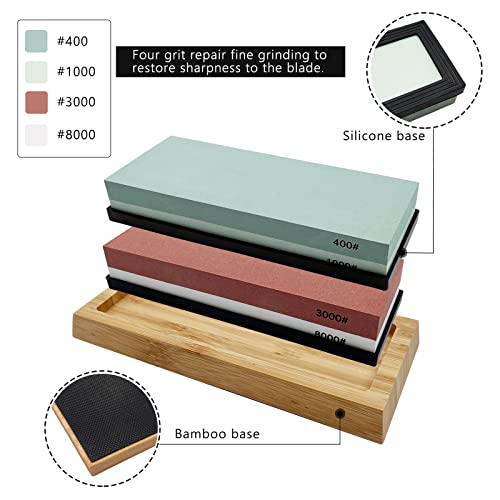 Zalaxt 9 PCS Knife Sharpening Kit, 4 Side Grit Professional Sharpening Stone Whetstone 400 1000 3000 8000 Grit, Flattening Stone, Angle Guide, Leather Strop Whetstone Sharpening Kit