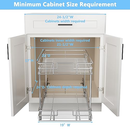 ROOMTEC New Version Pull Out Cabinet Organizer for Base Cabinet (20" W X 21" D), Kitchen Cabinet Organizer and Storage 2-Tier Cabinet Pull Out Shelves Under Cabinet Storage for Kitchen Silver,Chrome