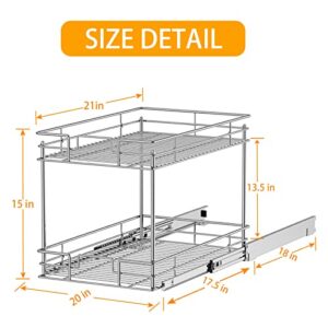 ROOMTEC New Version Pull Out Cabinet Organizer for Base Cabinet (20" W X 21" D), Kitchen Cabinet Organizer and Storage 2-Tier Cabinet Pull Out Shelves Under Cabinet Storage for Kitchen Silver,Chrome