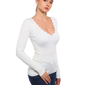 AmélieBoutik Women Scallop Trim V Neck Long Sleeve Ribbed Pullover Sweater (Ivory White Large)