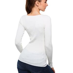 AmélieBoutik Women Scallop Trim V Neck Long Sleeve Ribbed Pullover Sweater (Ivory White Large)