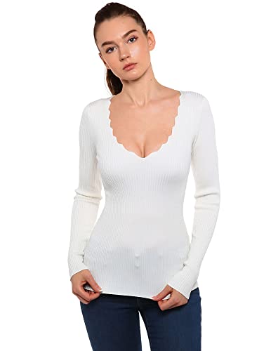 AmélieBoutik Women Scallop Trim V Neck Long Sleeve Ribbed Pullover Sweater (Ivory White Large)