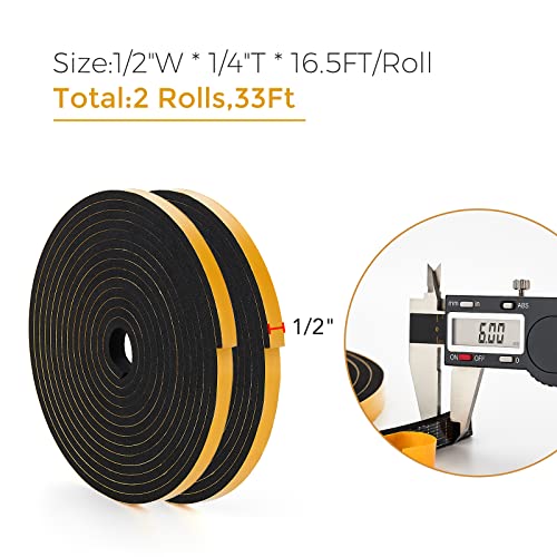 33 Feet Weather Stripping Door Seal- 1/2" Wide X 1/4" Thick Door Bottom Seal Strip High Density Foam Tape Adhesive Rubber Strip for Door Soundproofing,Window Insulation (1/2" x 1/4" x 33FT,Black)