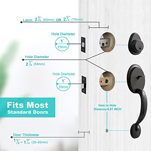 GUA OYH Front Door Handle Set Entry Door Lock Set Matte Black Entrance Handle Set with Lock, with Single Cylinder Deadbolt and Knob Handle, Reversible for Right & Left Handed Doors (Antique_1073)