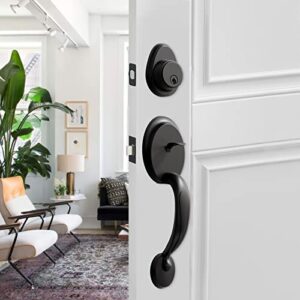 GUA OYH Front Door Handle Set Entry Door Lock Set Matte Black Entrance Handle Set with Lock, with Single Cylinder Deadbolt and Knob Handle, Reversible for Right & Left Handed Doors (Antique_1073)