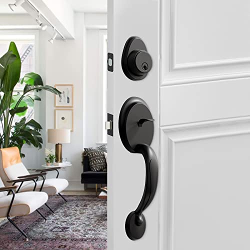 GUA OYH Front Door Handle Set Entry Door Lock Set Matte Black Entrance Handle Set with Lock, with Single Cylinder Deadbolt and Knob Handle, Reversible for Right & Left Handed Doors (Antique_1073)