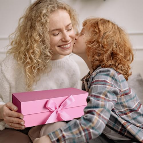 Pink Gift Box,Gift Boxes with Lid Ribbon and Magnetic Closure for Wrapping Gifts 10.2x7.4x3.1 Inches (Pink)