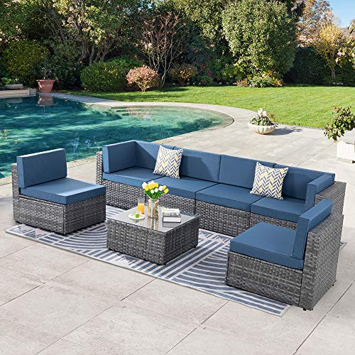 Shintenchi 7 Pieces Outdoor Patio Sectional Sofa Couch, Silver Wicker Furniture Conversation Sets with Washable Cushions & Glass Coffee Table for Garden, Poolside, Backyard (Aegean Blue)