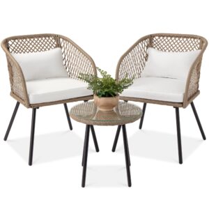 best choice products 3-piece outdoor wicker bistro set, patio dining conversation furniture for backyard, balcony, porch w/diamond weave design, tempered glass side table, 2 chairs - ivory