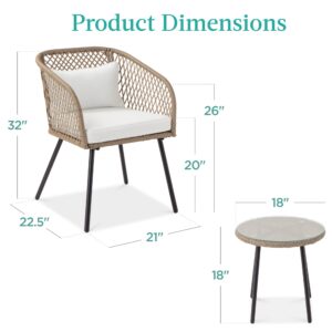 Best Choice Products 3-Piece Outdoor Wicker Bistro Set, Patio Dining Conversation Furniture for Backyard, Balcony, Porch w/Diamond Weave Design, Tempered Glass Side Table, 2 Chairs - Ivory