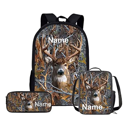 Uourmeti Custom Name Deer Camo Boys Backpack and Lunchbox Pencil Case Set 3 in 1 Personalized Kindergarten Elementary Middle School Bookbags and Lunch Box Set for Teens Kids Book Bags Girls Scoolbag