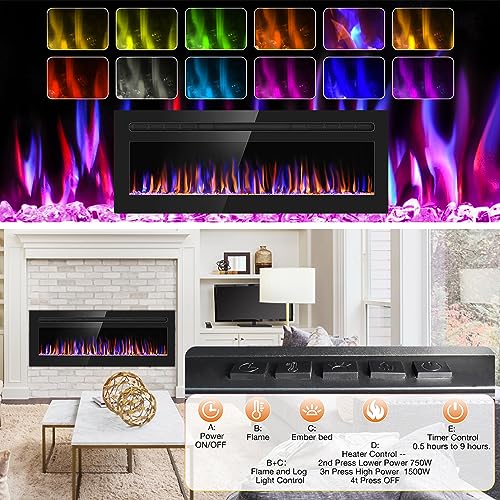 Upesitom Electric Fireplace Insert 31" Fireplace Heater Recessed & Wall Mounted, 750/1500W Linear Fireplace LED Fireplace Insert with Adjustable Flame Colors, Bracket, Timer, Remote Control