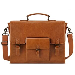 leather messenger bag for men 15.6 inch waterproof vintage leather laptop briefcase large satchel shoulder bag office travel college computer laptop bag, brown