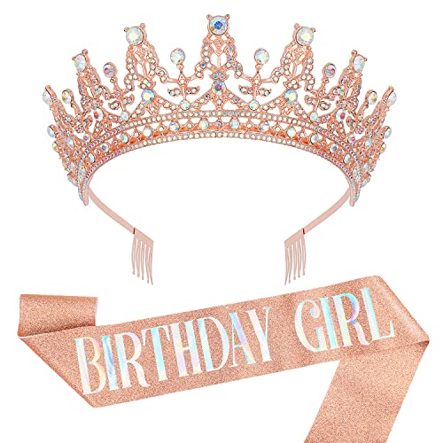 SuPoo Birthday Sash & Crown Rose Gold Birthday Girl Crown Birthday Girl Sash Princess Crown with Comb Birthday Tiara for Women Crystal Princess Tiara Party Decorations Gift Birthday Tiaras and Sashes for Women