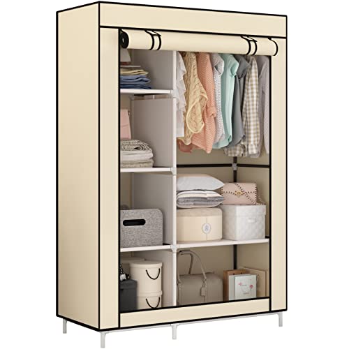 Calmootey Closet Storage Organizer,Portable Wardrobe with 6 Shelves and Clothes Rod,Non-Woven Fabric Cover with 4 Side Pockets,Beige