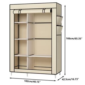 Calmootey Closet Storage Organizer,Portable Wardrobe with 6 Shelves and Clothes Rod,Non-Woven Fabric Cover with 4 Side Pockets,Beige