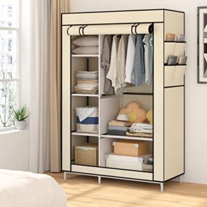 Calmootey Closet Storage Organizer,Portable Wardrobe with 6 Shelves and Clothes Rod,Non-Woven Fabric Cover with 4 Side Pockets,Beige