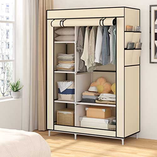 Calmootey Closet Storage Organizer,Portable Wardrobe with 6 Shelves and Clothes Rod,Non-Woven Fabric Cover with 4 Side Pockets,Beige