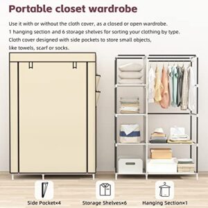 Calmootey Closet Storage Organizer,Portable Wardrobe with 6 Shelves and Clothes Rod,Non-Woven Fabric Cover with 4 Side Pockets,Beige