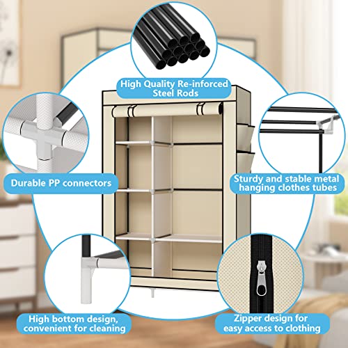 Calmootey Closet Storage Organizer,Portable Wardrobe with 6 Shelves and Clothes Rod,Non-Woven Fabric Cover with 4 Side Pockets,Beige