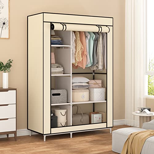 Calmootey Closet Storage Organizer,Portable Wardrobe with 6 Shelves and Clothes Rod,Non-Woven Fabric Cover with 4 Side Pockets,Beige