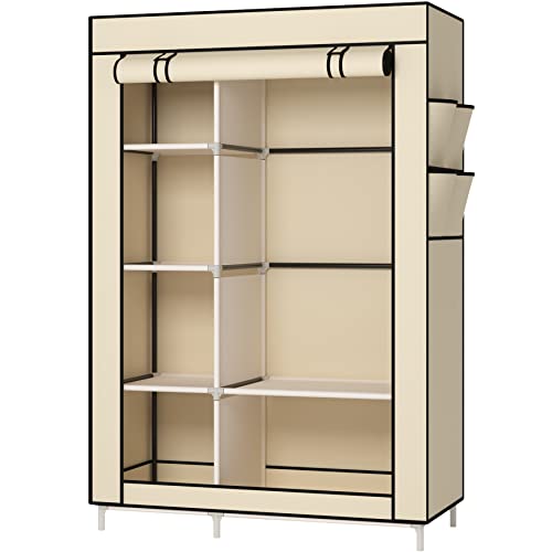 Calmootey Closet Storage Organizer,Portable Wardrobe with 6 Shelves and Clothes Rod,Non-Woven Fabric Cover with 4 Side Pockets,Beige